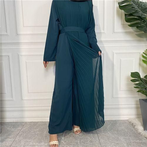 Fashion Muslim Set Jumpsuit Women Patchwork Pleated Long Dress With ...