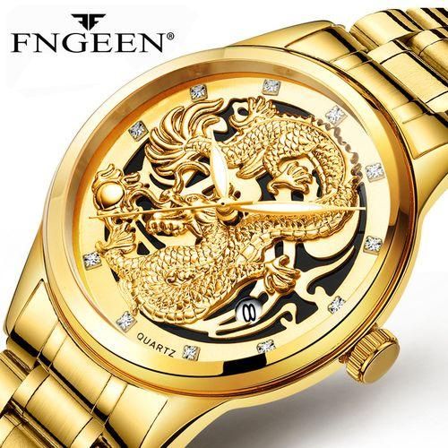 Generic Chinese Dragon Gold Quartz Wristwatch Diamond Dial Luminous ...