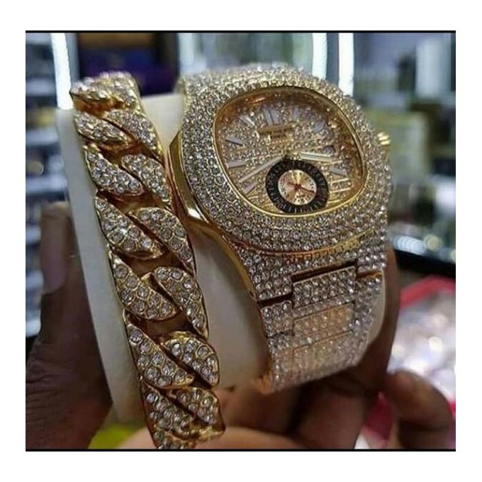 Cubanas Cuban Stone Gold Men's Watch & Hand-chain