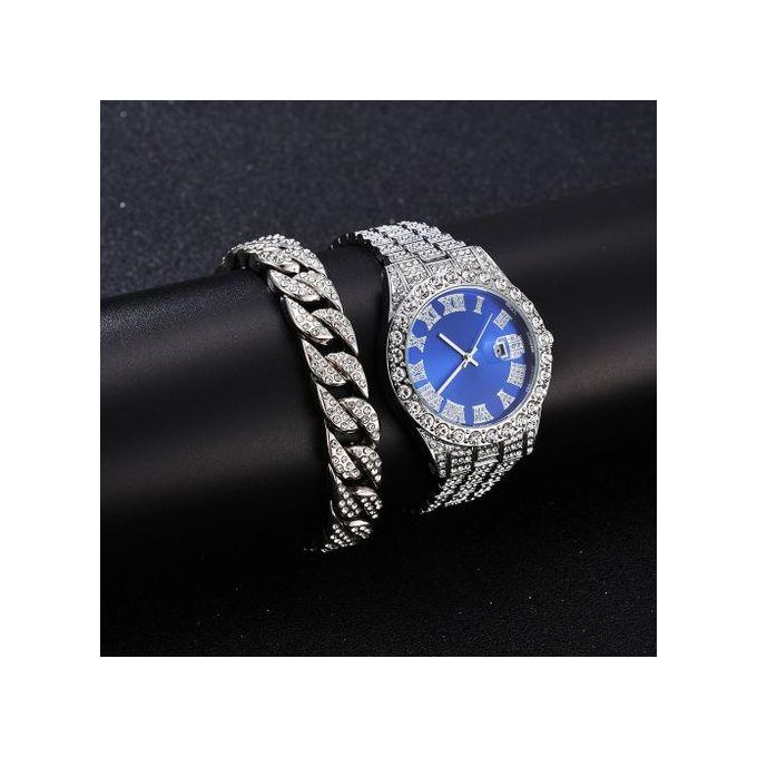 Fashion 2 In 1 Men's Watch With Bracelet Cuban Chain Set - Silver ...