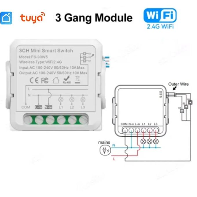 Tuya 3 Gang WiFi Smart Switch Module With Dual Way Control